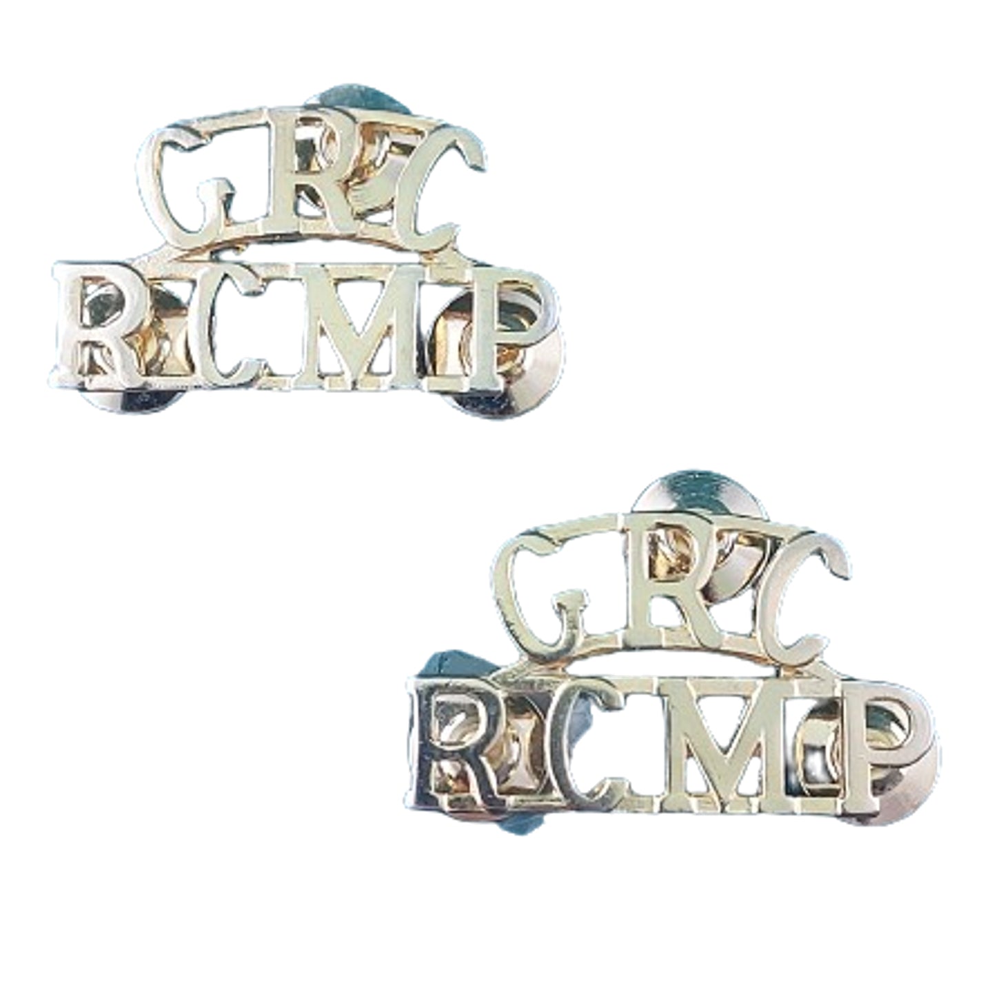 QEII RCMP Royal Canadian Mounted Police Brass Shoulder Title Pair ...